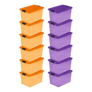 sterilite 64 quart latching plastic storage container, purple & orange (12 pack)