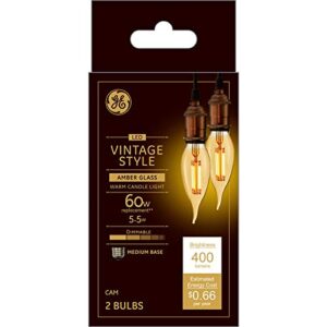 ge lighting vintastyle led decorative light bulbs, 5.5 watts (60 watt equivalent) warm candle light, amber glass, medium base, dimmable (2 pack)