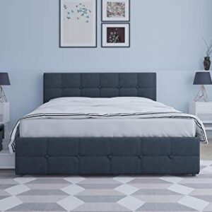 DHP Rose Upholstered Platform Bed with Underbed Storage Drawers and Button Tufted Headboard and Footboard, No Box Spring Needed, Queen, Blue Linen