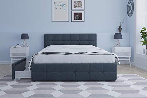 DHP Rose Upholstered Platform Bed with Underbed Storage Drawers and Button Tufted Headboard and Footboard, No Box Spring Needed, Queen, Blue Linen