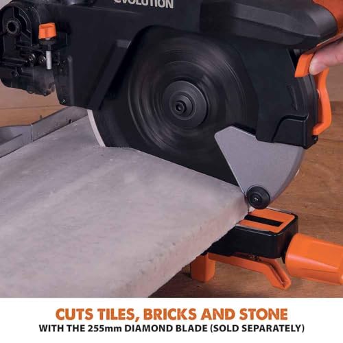 Evolution Power Tools R255SMS 10-Inch Sliding Miter Saw Multi-Material, Multi-Purpose Cutting Cuts Metal, Plastic, Wood & More 0˚ - 45˚ Bevel Tilt & 50˚ - 50˚ Miter Angles TCT Blade Included