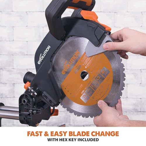 Evolution Power Tools R255SMS 10-Inch Sliding Miter Saw Multi-Material, Multi-Purpose Cutting Cuts Metal, Plastic, Wood & More 0˚ - 45˚ Bevel Tilt & 50˚ - 50˚ Miter Angles TCT Blade Included