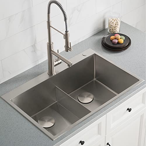 KRAUS Standart PRO 33-inch Drop In/Undermount 16 Gauge Double Bowl 2-Hole Stainless Steel Kitchen Sink, KHT302-33