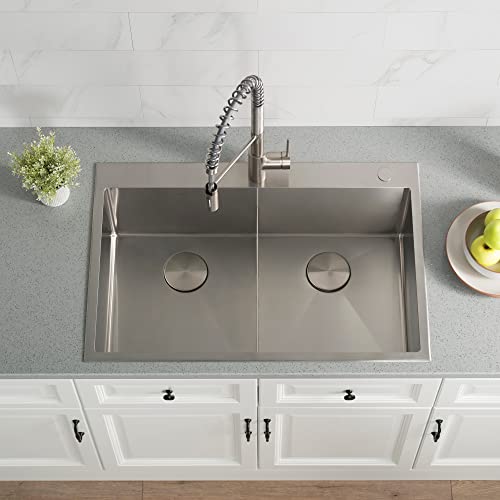 KRAUS Standart PRO 33-inch Drop In/Undermount 16 Gauge Double Bowl 2-Hole Stainless Steel Kitchen Sink, KHT302-33