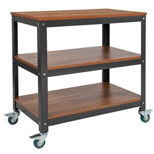 flash furniture livingston collection 30"w rolling storage cart with metal wheels in brown oak wood grain finish