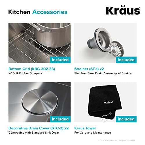 KRAUS Standart PRO 33-inch Drop In/Undermount 16 Gauge Double Bowl 2-Hole Stainless Steel Kitchen Sink, KHT302-33