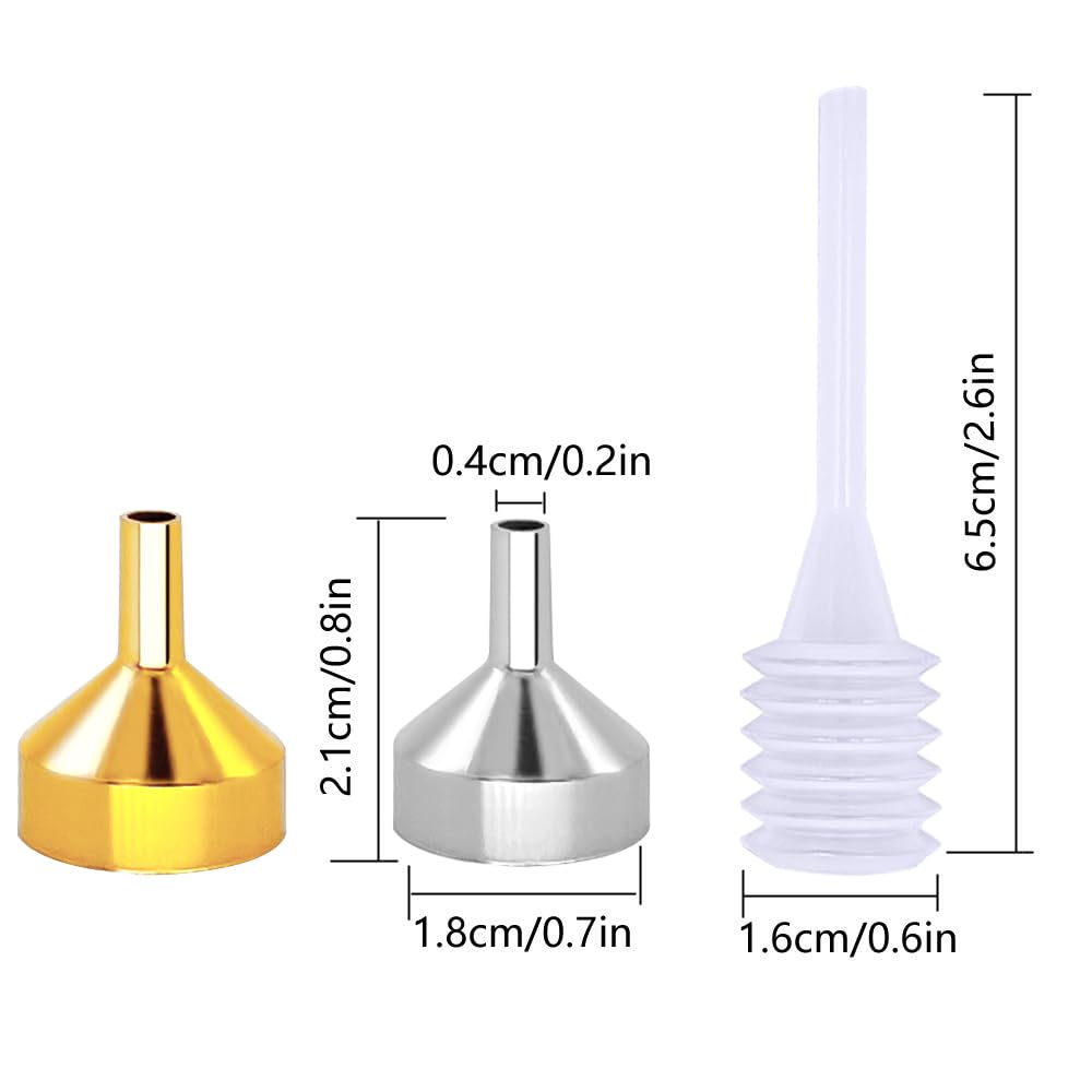 CKANDAY 10 Pack Small Metal Funnels with 2 Pcs Mini Pipette and Spoon for Filling Small Mini Bottles or Containers, Atomizers Perfume Liquid Essential Oils Spice Powder Lab Lotion- Gold/Silver