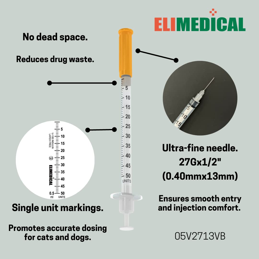 Elimedical Veterinary Insulin Syringe, U-100, 0.5cc (0.5ml), 27g x 1/2 inch (12.7mm), Individually Packed, for Pet Cat or Dog, 100 per Box, 05V2713VB