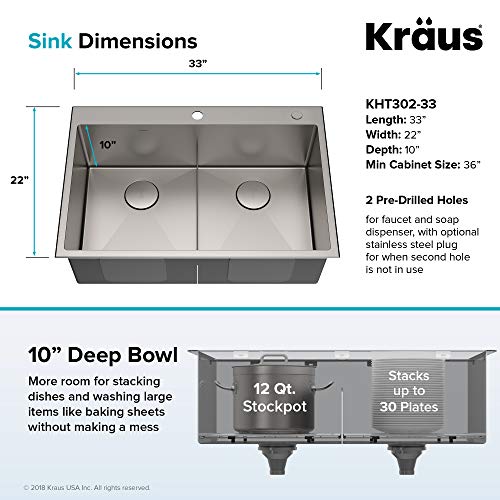 KRAUS Standart PRO 33-inch Drop In/Undermount 16 Gauge Double Bowl 2-Hole Stainless Steel Kitchen Sink, KHT302-33