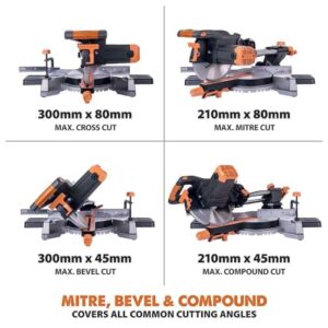 Evolution Power Tools R255SMS 10-Inch Sliding Miter Saw Multi-Material, Multi-Purpose Cutting Cuts Metal, Plastic, Wood & More 0˚ - 45˚ Bevel Tilt & 50˚ - 50˚ Miter Angles TCT Blade Included