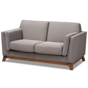 baxton studio sava mid-century modern grey fabric upholstered walnut wood 2-seater loveseat