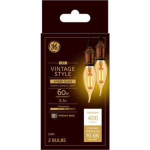 GE Lighting VintaStyle LED Decorative Light Bulbs, 5.5 Watts (60 Watt Equivalent) Warm Candle Light, Amber Glass, Medium Base, Dimmable (2 Pack)