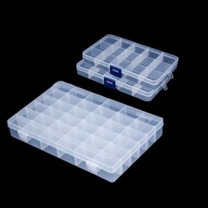 snowkingdom plastic grid box storage organizer case for display collection with adjustable dividers - 3 pack (1pc 36 grids + 2pc 15 grids) - free letter stickers