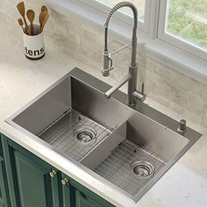 KRAUS Standart PRO 33-inch Drop In/Undermount 16 Gauge Double Bowl 2-Hole Stainless Steel Kitchen Sink, KHT302-33