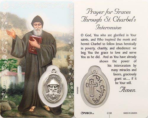 VILLAGE GIFT IMPORTERS Premium assorted Holy Cards with Medal | Catholic Saints and Prayers with medals (St. Charbel's Intercession)