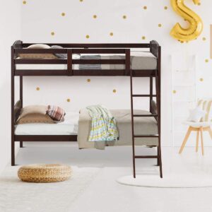 Costzon Twin Over Twin Bunk Beds, Convertible Into Two Individual Solid Rubberwood Beds, Children Twin Sleeping Bedroom Furniture w/Ladder and Safety Rail for Kids Boys & Girl (Espresso)