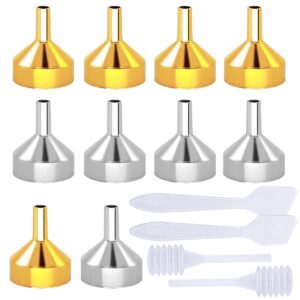 ckanday 10 pack small metal funnels with 2 pcs mini pipette and spoon for filling small mini bottles or containers, atomizers perfume liquid essential oils spice powder lab lotion- gold/silver