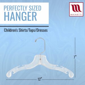 Mainetti 5075 Clear Plastic Hangers - 10 Pack with 360 Swivel Metal Hook and Notches for Straps, Great for Children's Shirts/Tops/Dresses, 12 Inch