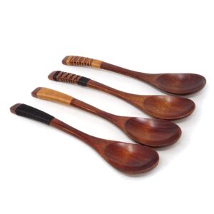 Honbay 4PCS Handmade Japanese Style Long Handle Wooden Soup Spoons with Tied Line on Handle for Travel, Picnic, Camping or Just for Daily Use