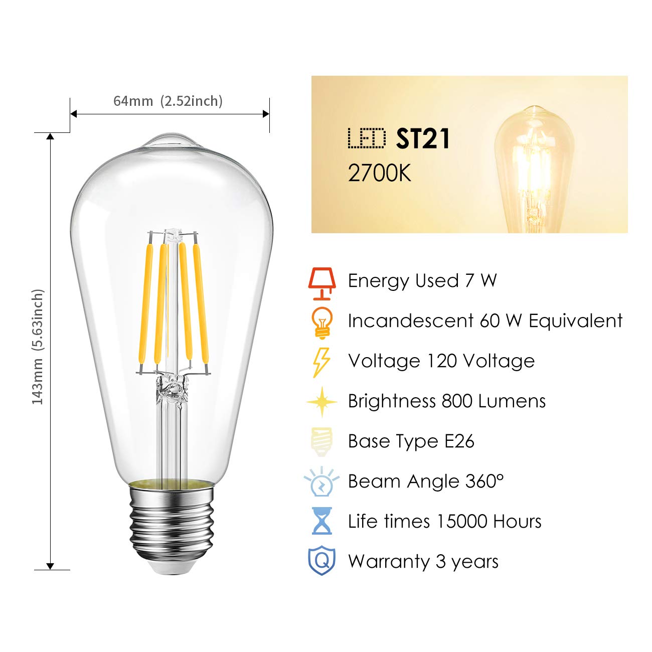 LVWIT ST21 LED Filament Bulb 7W(60 Watt Equivalent) Dimmable 2700K Warm White Vintage Edison Light Bulb E26 Medium Base (6-Pack)