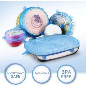 Flexible Silicone Stretch Lids Round Reusable Food Covers for Bowl Cup Dish Silicone Food Wrap Food Grade 6pcs (Blue)