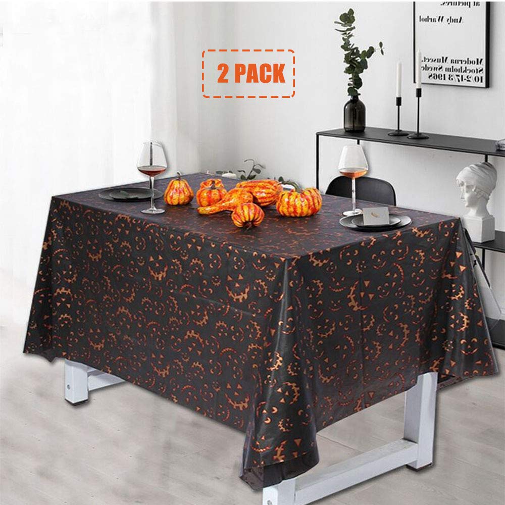 CAKKA Halloween Tablecloth, 2PCS 54x108 Inch Disposable Table Cover, Rectangle Plastic Halloween Table Cloth for Hunted House Table Decoration, Black