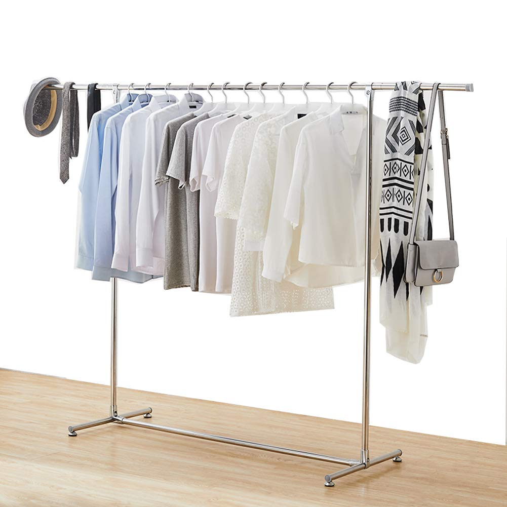 RELIANCER Heavy Duty Large Garment Rack Stainless Steel Clothes Drying Rack Commercial Grade Extendable 47-77inch Clothes Rack Adjustable Clothe Hanger Rolling Rack with 4 Casters Tool Golves 10 Hook