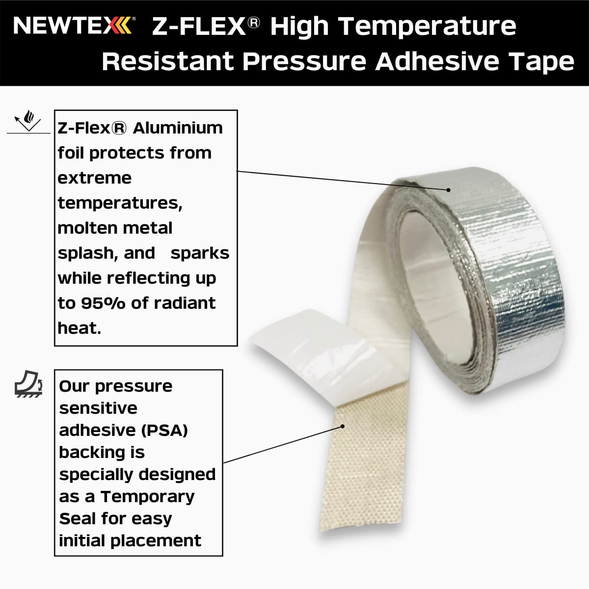 Newtex High Heat Resistant Tape - Extreme Temperature Aluminum Foil Z-Flex Tape - Pressure Sensitive Adhesive Ducting, Insulation, Reflective Heat Barrier Tape Roll (2" x 25')