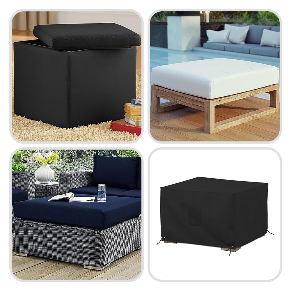 Covers & All Square Ottoman Cover, Heavy Duty 18 Oz Waterproof UV & Weather Resistant Patio Garden Furniture Stool Protector Indoor Outdoor with Air Vents & Drawstrings (34" L x 34" W x 18" H, Black)