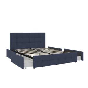 dhp rose upholstered platform bed with underbed storage drawers and button tufted headboard and footboard, no box spring needed, queen, blue linen