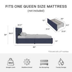 DHP Rose Upholstered Platform Bed with Underbed Storage Drawers and Button Tufted Headboard and Footboard, No Box Spring Needed, Queen, Blue Linen