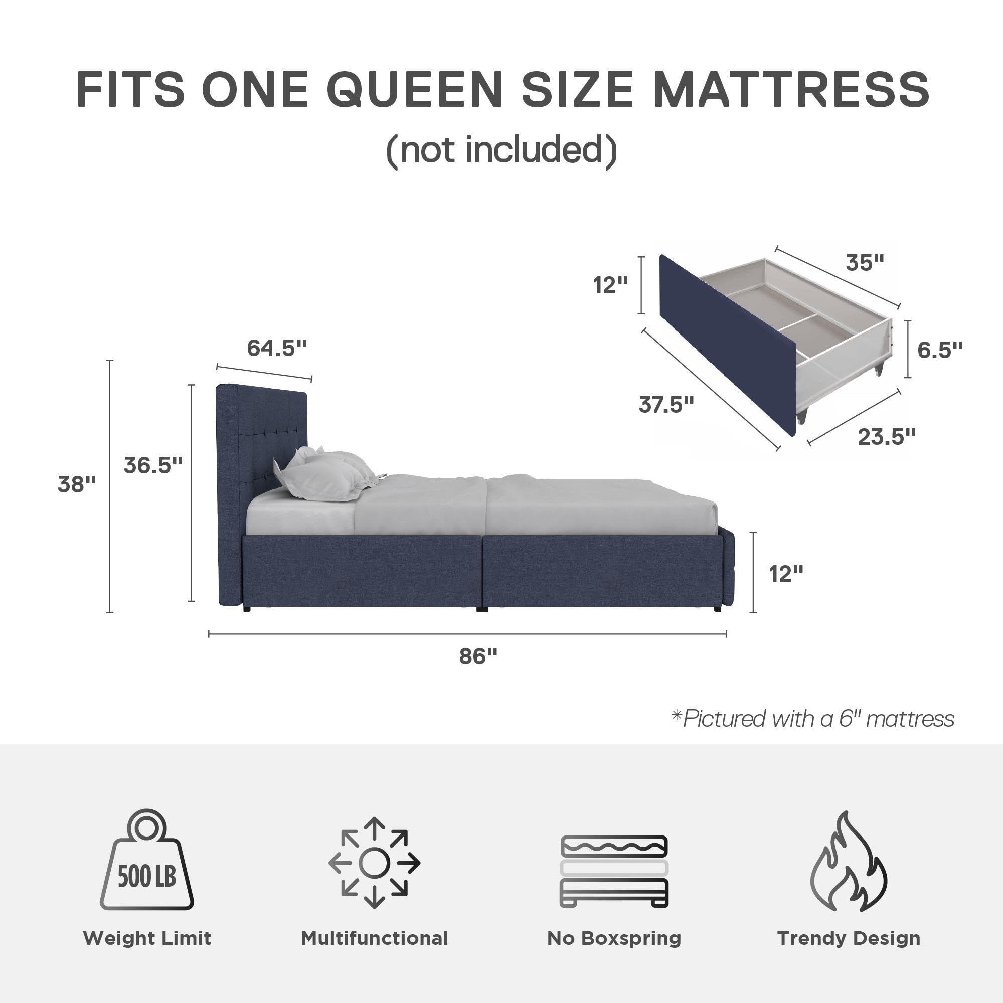 DHP Rose Upholstered Platform Bed with Underbed Storage Drawers and Button Tufted Headboard and Footboard, No Box Spring Needed, Queen, Blue Linen