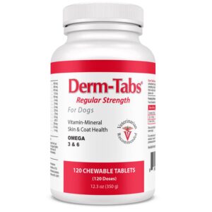 derm tabs regular strength for dogs - natural oil, vitamins, minerals, and antioxidants - support healthy skin and reduce shedding - 120 chewable tablets