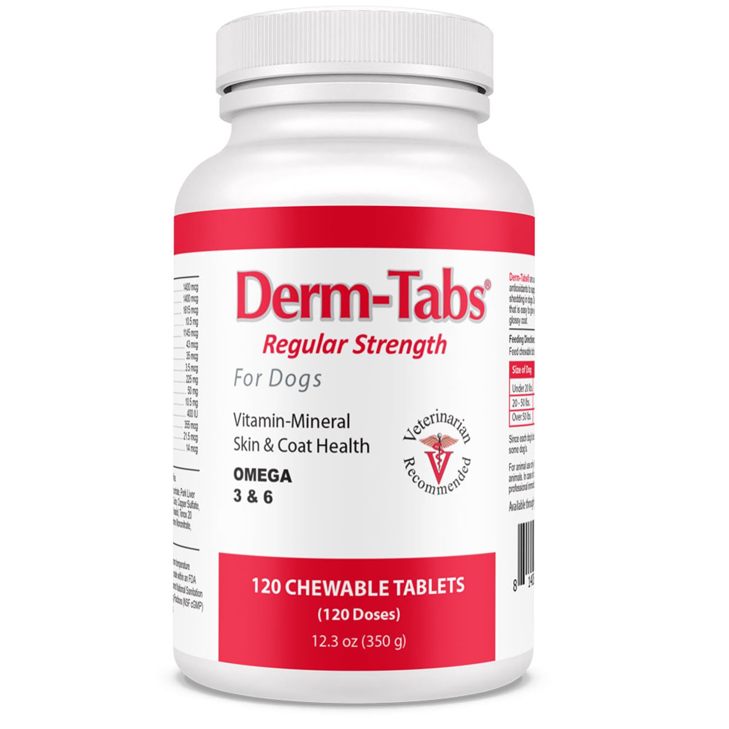 Derm Tabs Regular Strength for Dogs - Natural Oil, Vitamins, Minerals, and Antioxidants - Support Healthy Skin and Reduce Shedding - 120 Chewable Tablets