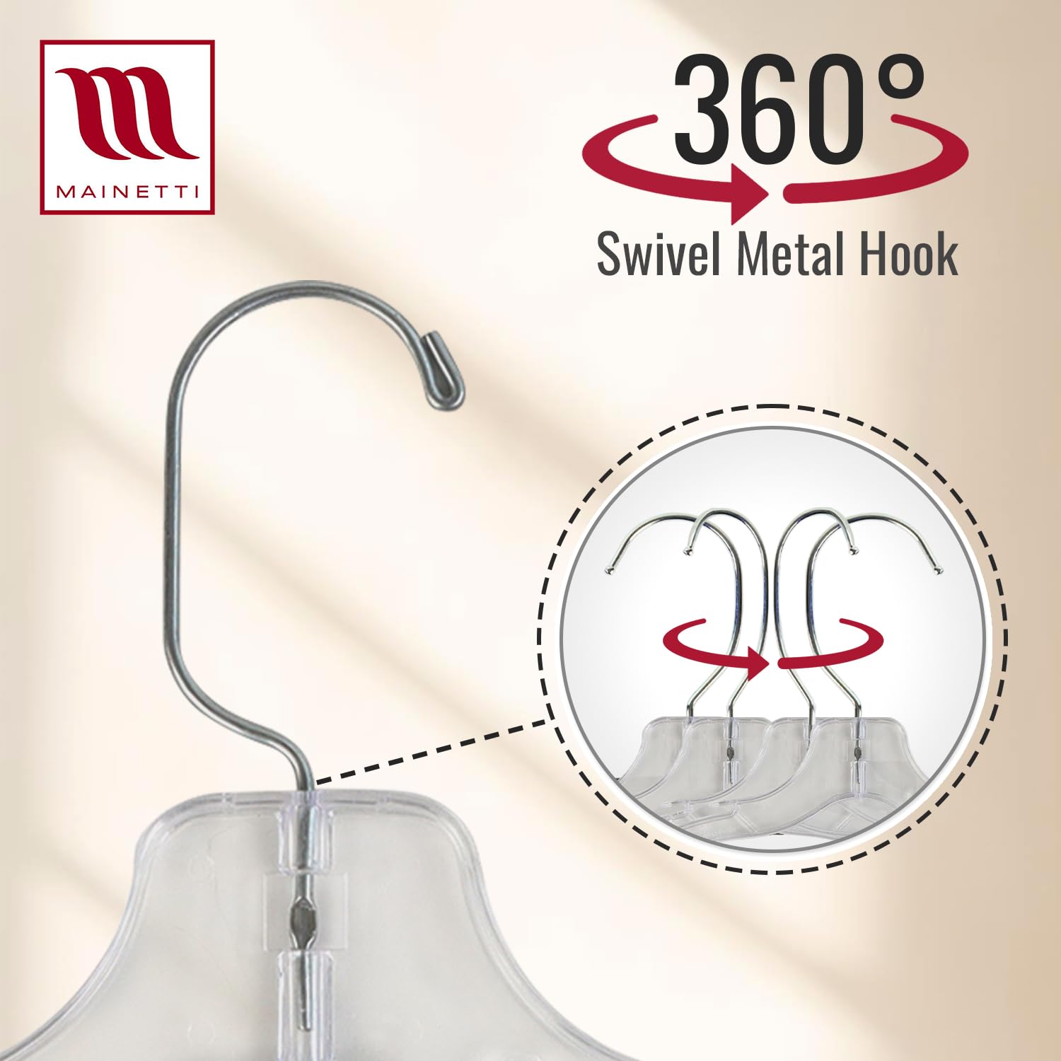 Mainetti 5075 Clear Plastic Hangers - 10 Pack with 360 Swivel Metal Hook and Notches for Straps, Great for Children's Shirts/Tops/Dresses, 12 Inch