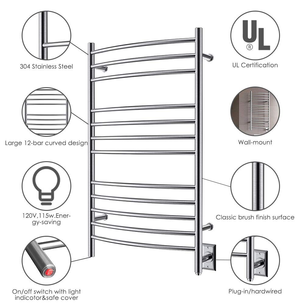 TOYEEKA Towel Warmer Wall Mounted 10 Bar Hardwired Curved Towel Electric Warm Bath Towel Heater