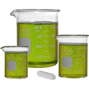 corning pyrex #1000 griffin low form, glass beaker set with magnetic stir bar - 3 sizes - 50ml, 100ml, 250ml