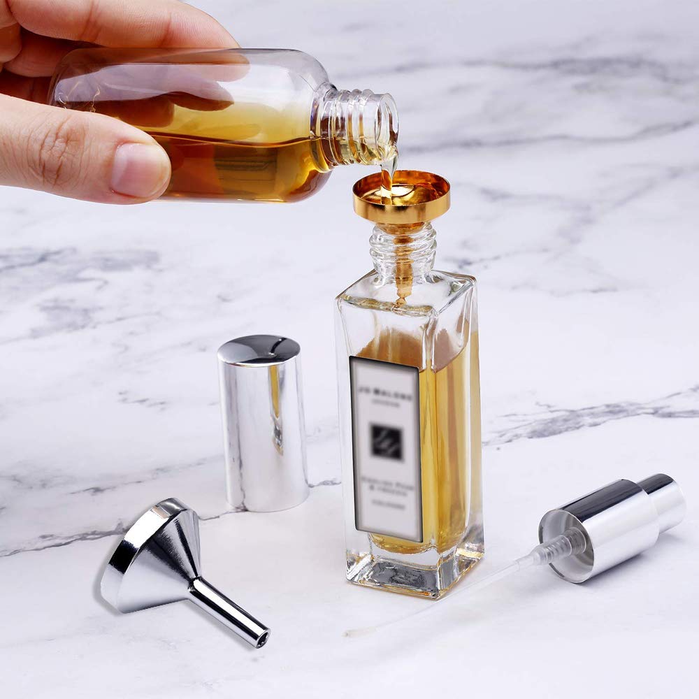 CKANDAY 10 Pack Small Metal Funnels with 2 Pcs Mini Pipette and Spoon for Filling Small Mini Bottles or Containers, Atomizers Perfume Liquid Essential Oils Spice Powder Lab Lotion- Gold/Silver