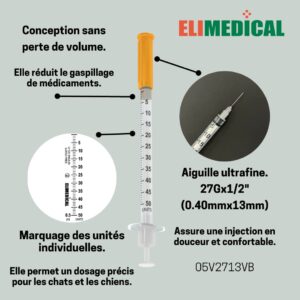 Elimedical Veterinary Insulin Syringe, U-100, 0.5cc (0.5ml), 27g x 1/2 inch (12.7mm), Individually Packed, for Pet Cat or Dog, 100 per Box, 05V2713VB