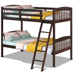 costzon twin over twin bunk beds, convertible into two individual solid rubberwood beds, children twin sleeping bedroom furniture w/ladder and safety rail for kids boys & girl (espresso)