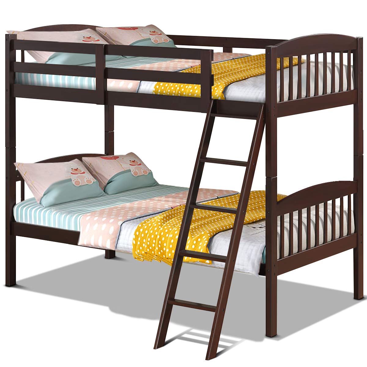 Costzon Twin Over Twin Bunk Beds, Convertible Into Two Individual Solid Rubberwood Beds, Children Twin Sleeping Bedroom Furniture w/Ladder and Safety Rail for Kids Boys & Girl (Espresso)