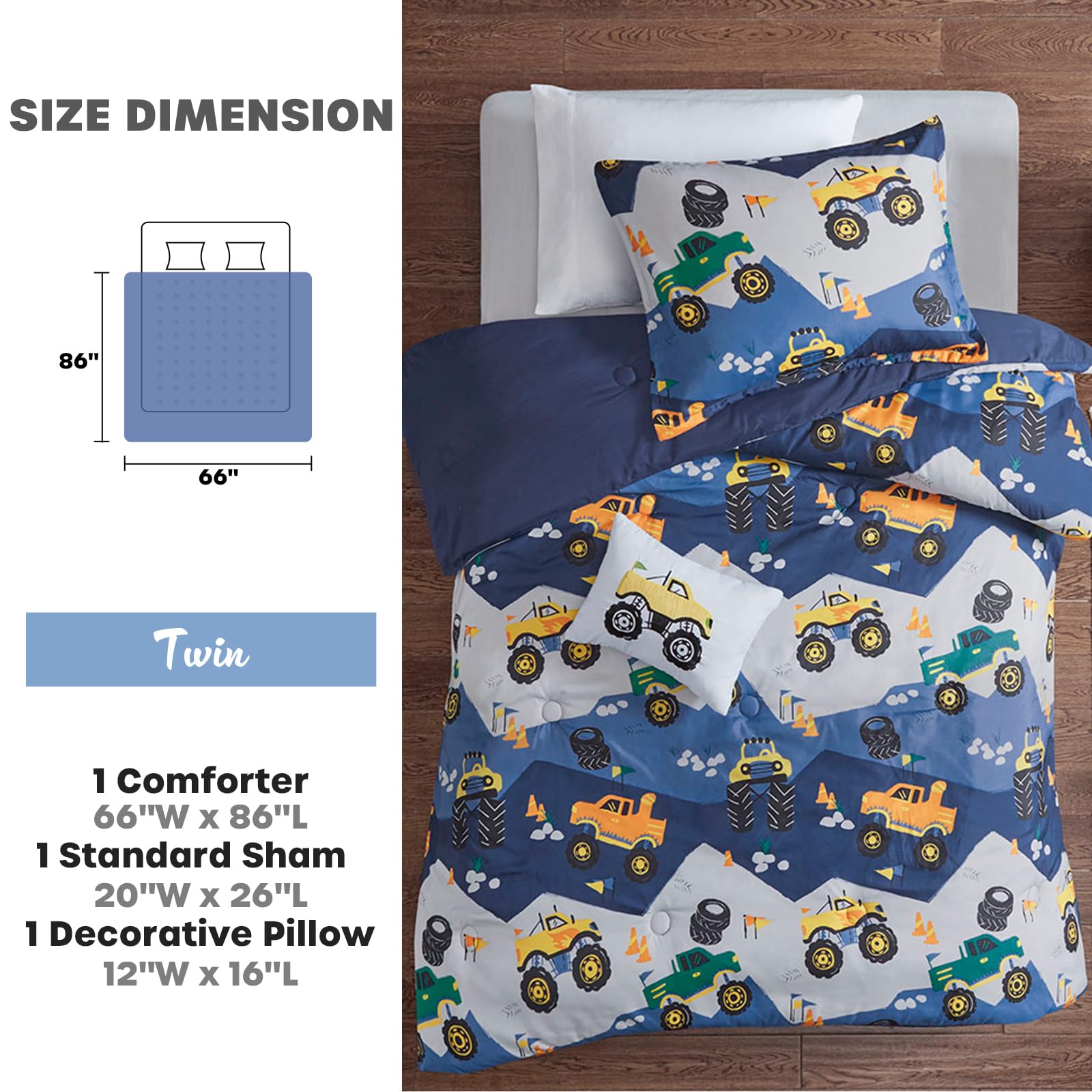 Mi Zone Kids Twin Comforter Set for Boys 3 Piece Monster Truck Comforter Set, Twin Size Bedding Set, Teen Bed Set, Microfiber Bedding Set, Matching Sham, Embroidered Truck Throw Pillow, Twin, Blue