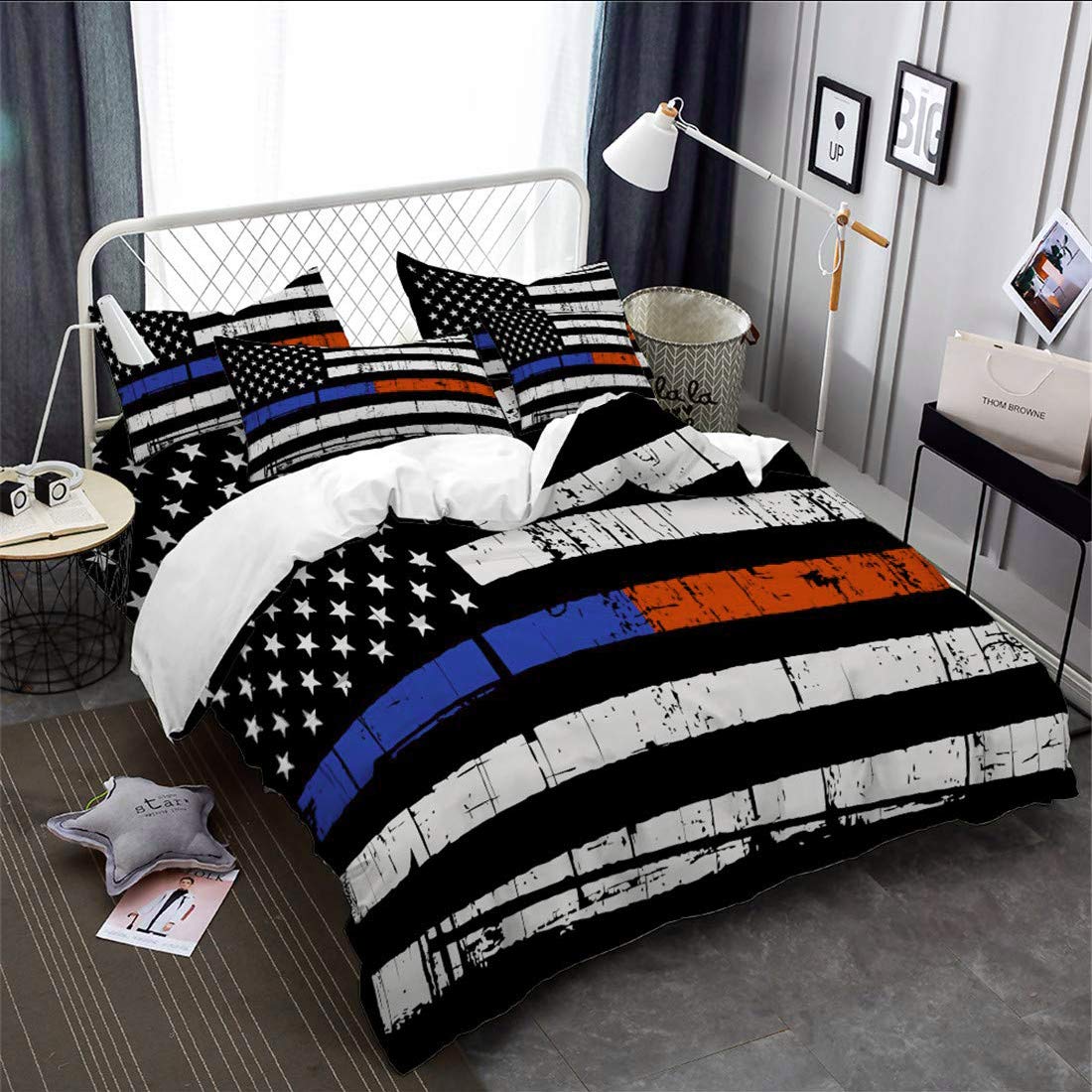 Oliven American Flag Quilt Cover Queen Size Valor Patriot Theme Digital Duvet Cover 3 Piece Bedding Set,Black White Gray