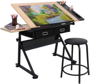 jupiterforce drafting table art desk with 2 storage drawers, height adjustable drawing table for painters, working, writing, home office, natural