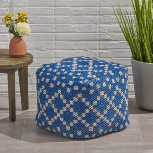 Christopher Knight Home Ophelia Outdoor Cube Pouf, Boho, Blue and White Yarn