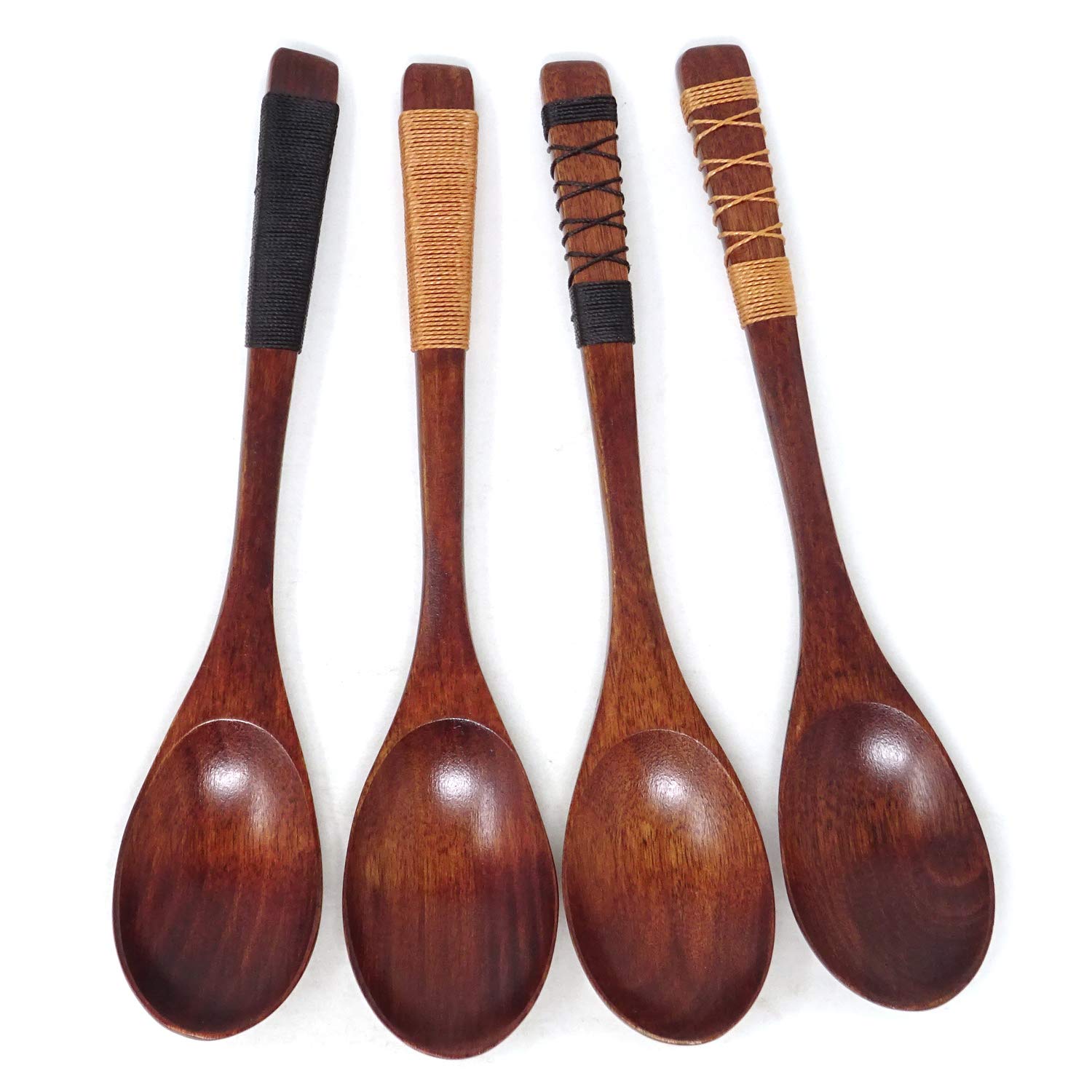 Honbay 4PCS Handmade Japanese Style Long Handle Wooden Soup Spoons with Tied Line on Handle for Travel, Picnic, Camping or Just for Daily Use