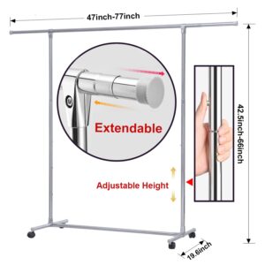 RELIANCER Heavy Duty Large Garment Rack Stainless Steel Clothes Drying Rack Commercial Grade Extendable 47-77inch Clothes Rack Adjustable Clothe Hanger Rolling Rack with 4 Casters Tool Golves 10 Hook