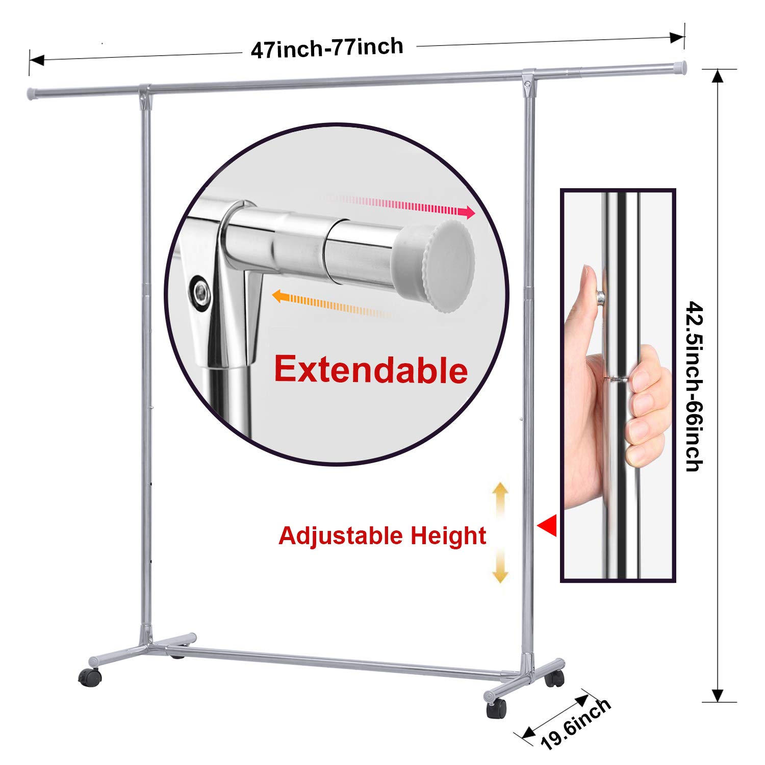 RELIANCER Heavy Duty Large Garment Rack Stainless Steel Clothes Drying Rack Commercial Grade Extendable 47-77inch Clothes Rack Adjustable Clothe Hanger Rolling Rack with 4 Casters Tool Golves 10 Hook