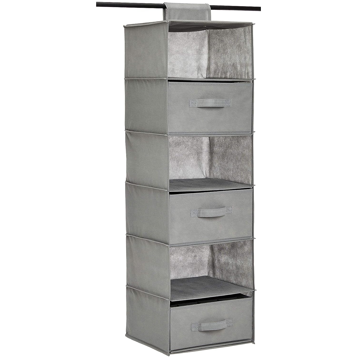 Amazon Basics 6-Tier Hanging Shelf Closet Storage Organizer with Removable Drawers, Grey, 6.9"D x 13.6"W x 12.2"H