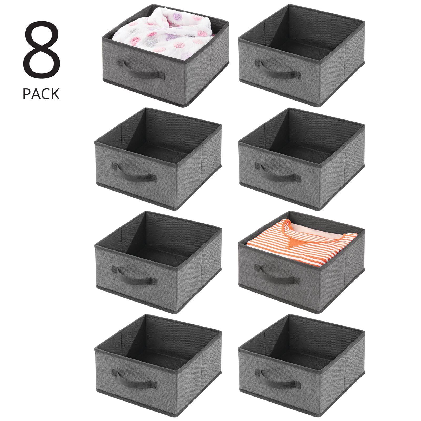 mDesign Soft Fabric Closet Organizer Box with Front Pull Handle for Shelves in Bedroom, Bathroom, Home Office - Holds Clothing, Linens, Accessories - Lido Collection - 8 Pack - Charcoal Gray/Black